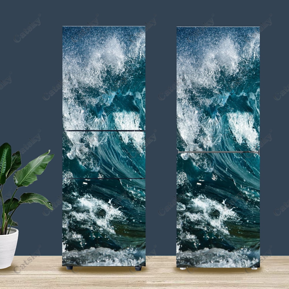 Blue Surfing Waves Print Refrigerator Door Mural Sticker Waterproof PVC ...