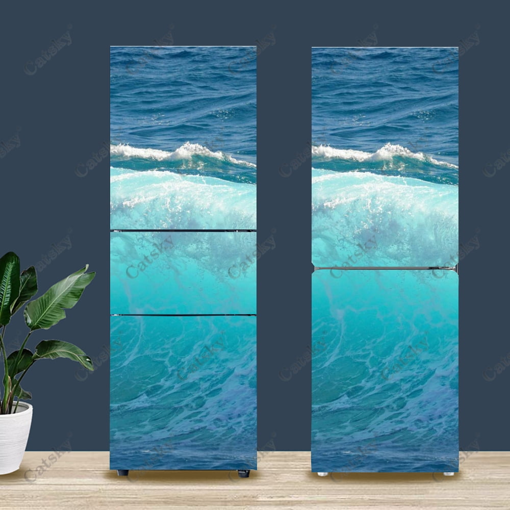Blue Surfing Waves Print Refrigerator Door Mural Sticker Waterproof PVC ...