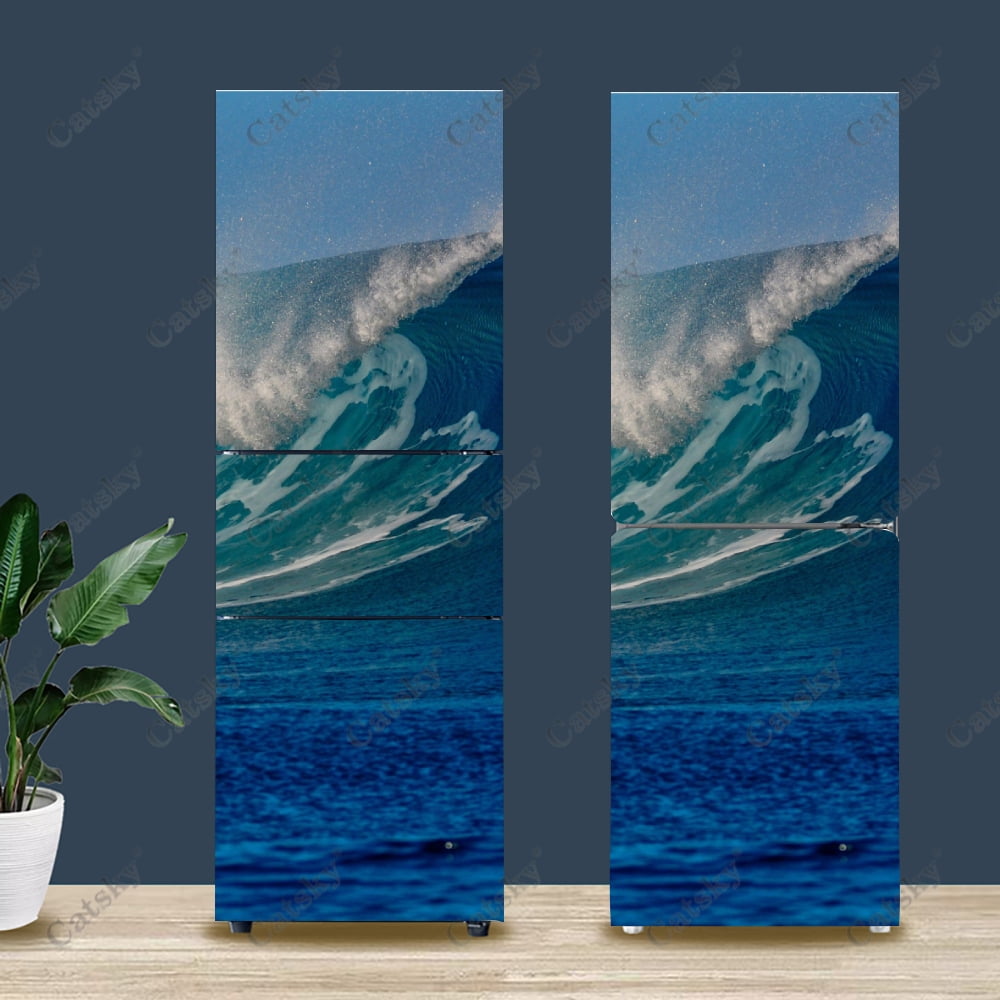 Blue Surfing Waves Print Refrigerator Door Mural Sticker Waterproof PVC ...