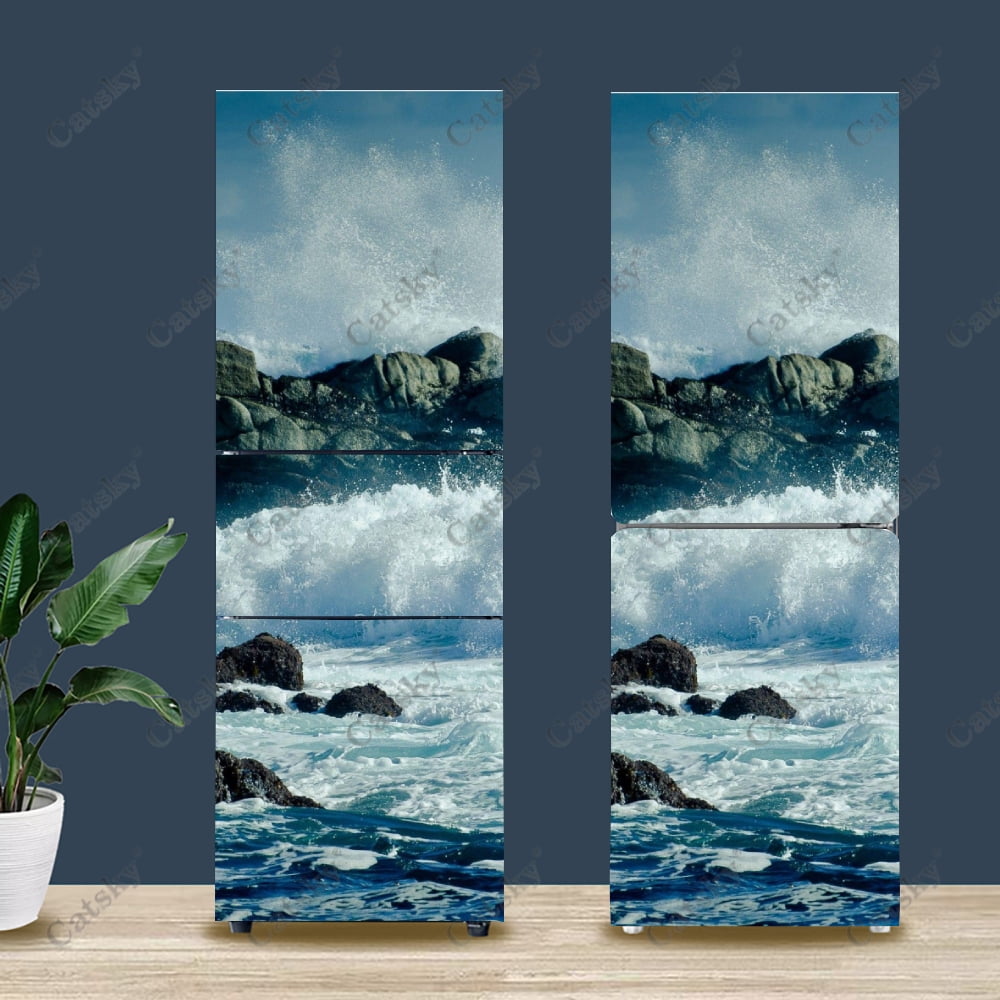 Blue Surfing Waves Print Refrigerator Door Mural Sticker Waterproof PVC Kitchen Closet Fridge ...