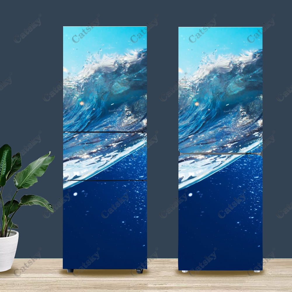 Blue Surfing Waves Print Refrigerator Door Mural Sticker Waterproof PVC ...
