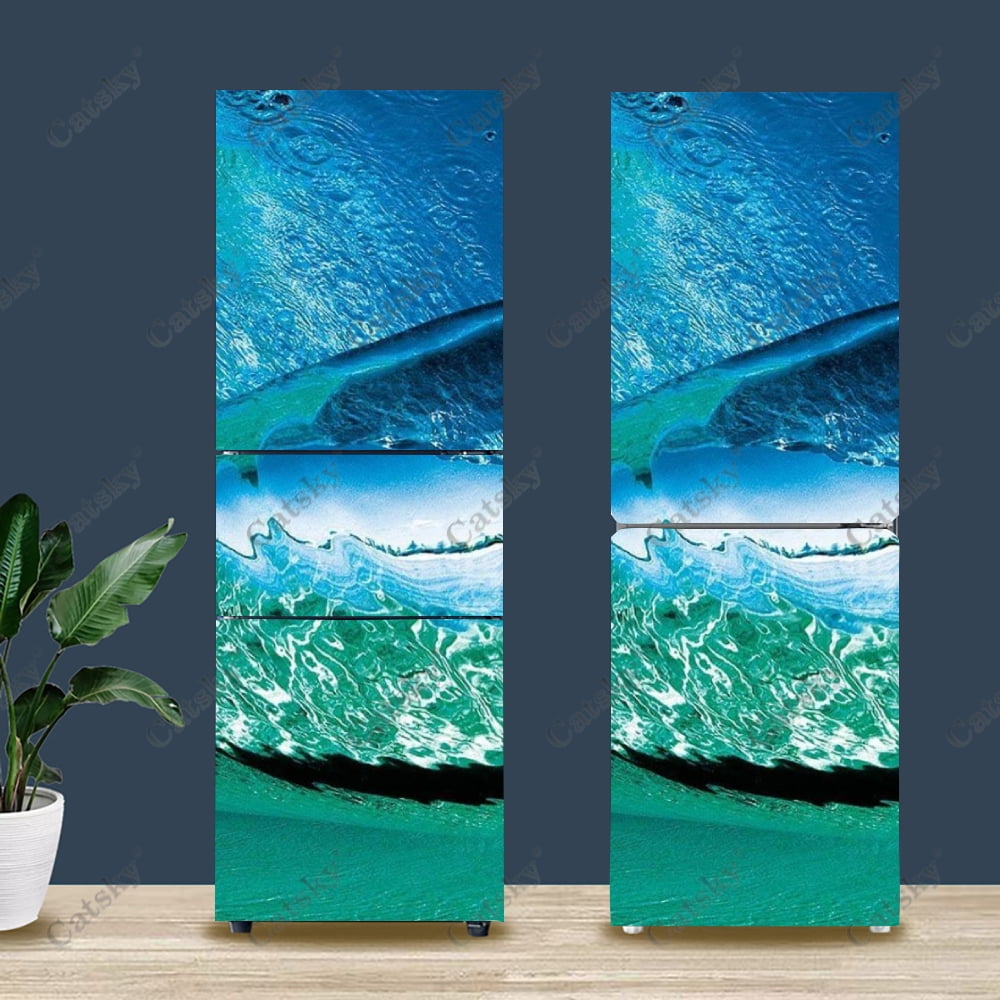 Blue Surfing Waves Print Refrigerator Door Mural Sticker Waterproof PVC Kitchen Closet Fridge ...