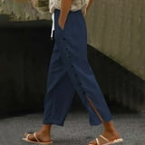 Blue Sweatpants Women's Fashion Solid Color Cotton Linen Elastic Seven ...