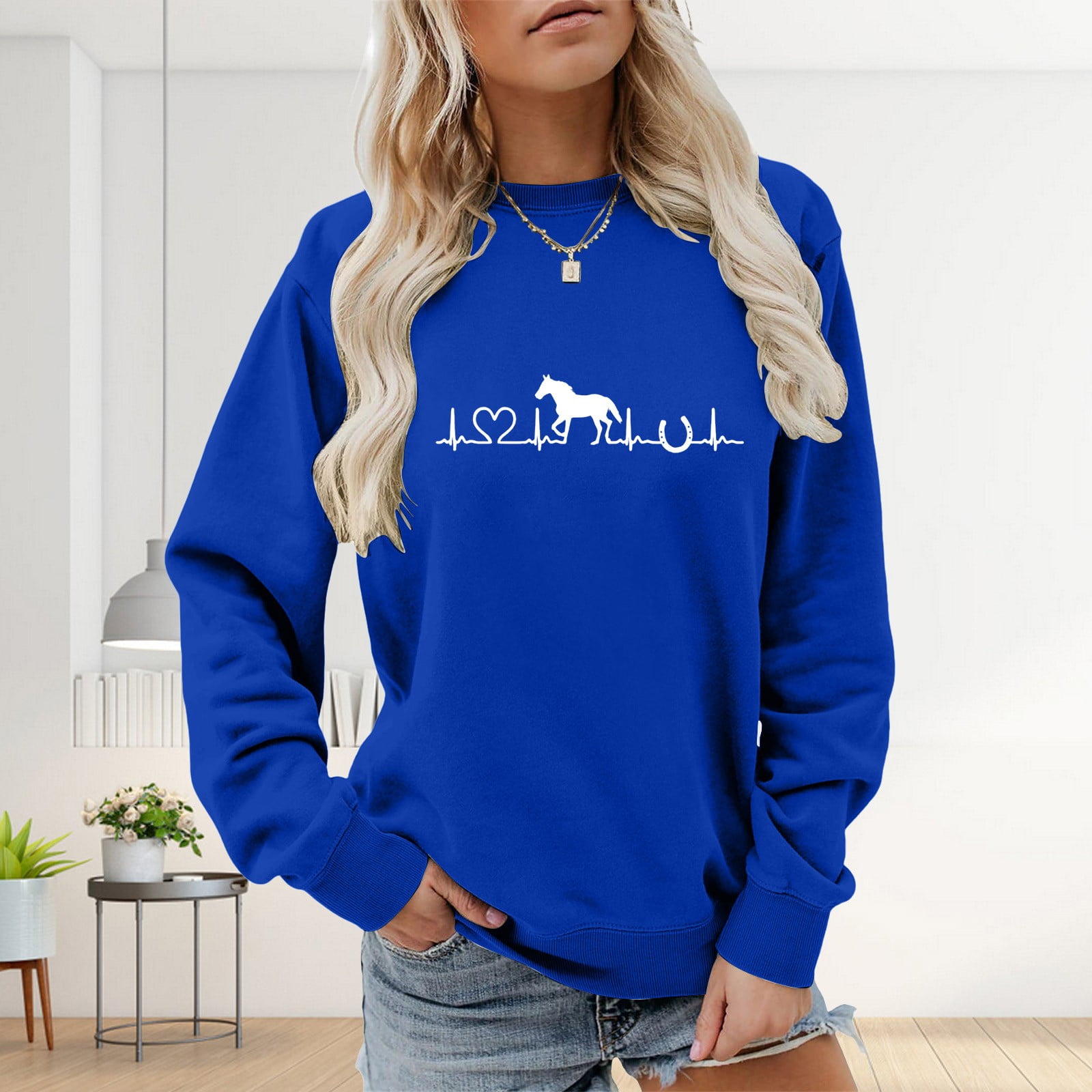 Blue Sweatshirt for Women Horse Sweatshirt for Women Cute Heartbeat ...