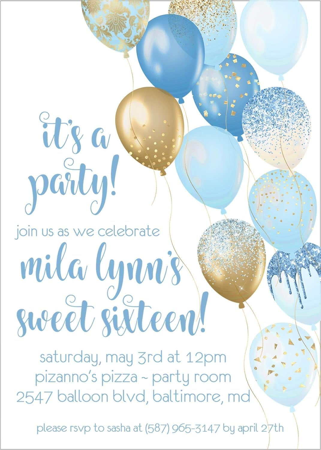 Blue Sweet 16 Party Invitations, Sweet Sixteen Birfthday Invites ...