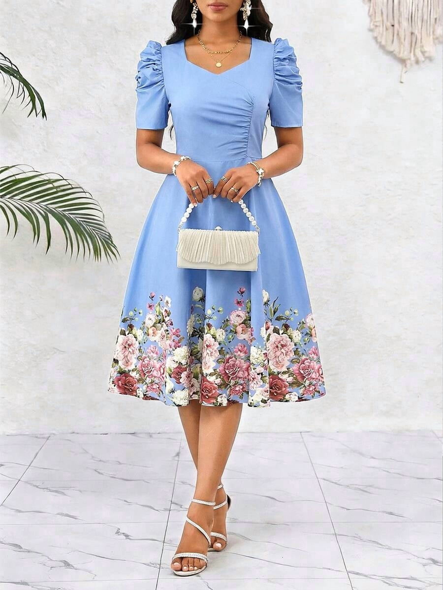 Blue Sweetheart Neck Short Puff Sleeve Fit & Flare Floral Midi Dress ...