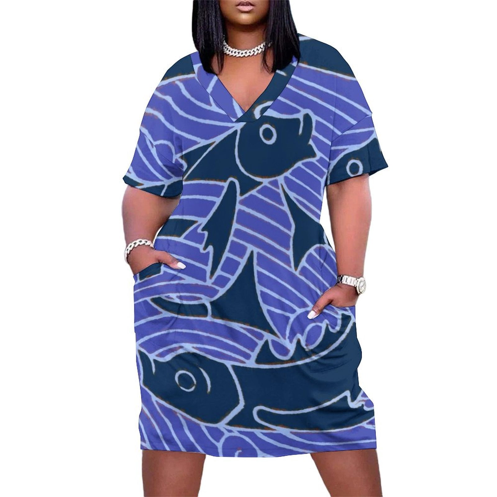 Blue Swimming Waves swimming art graphic design Loose Pocket Dress long ...