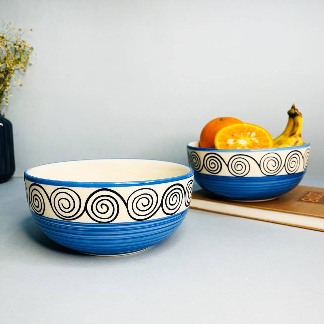 Blue Swirl Ceramic Serving Bowl Set Of 2 Pieces, 800ml Each | Hand ...