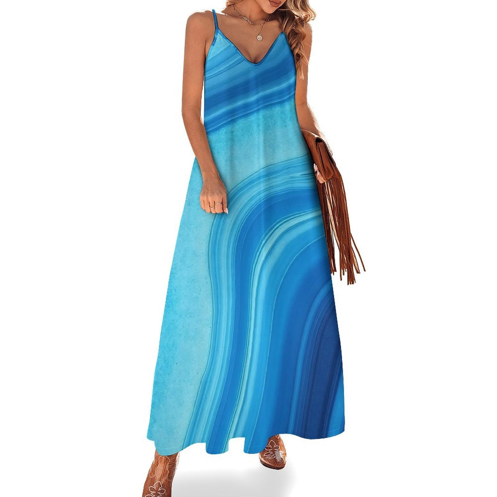 Blue Swirl Marble Texture Sleeveless Dress Woman Fashion Long Dresses ...