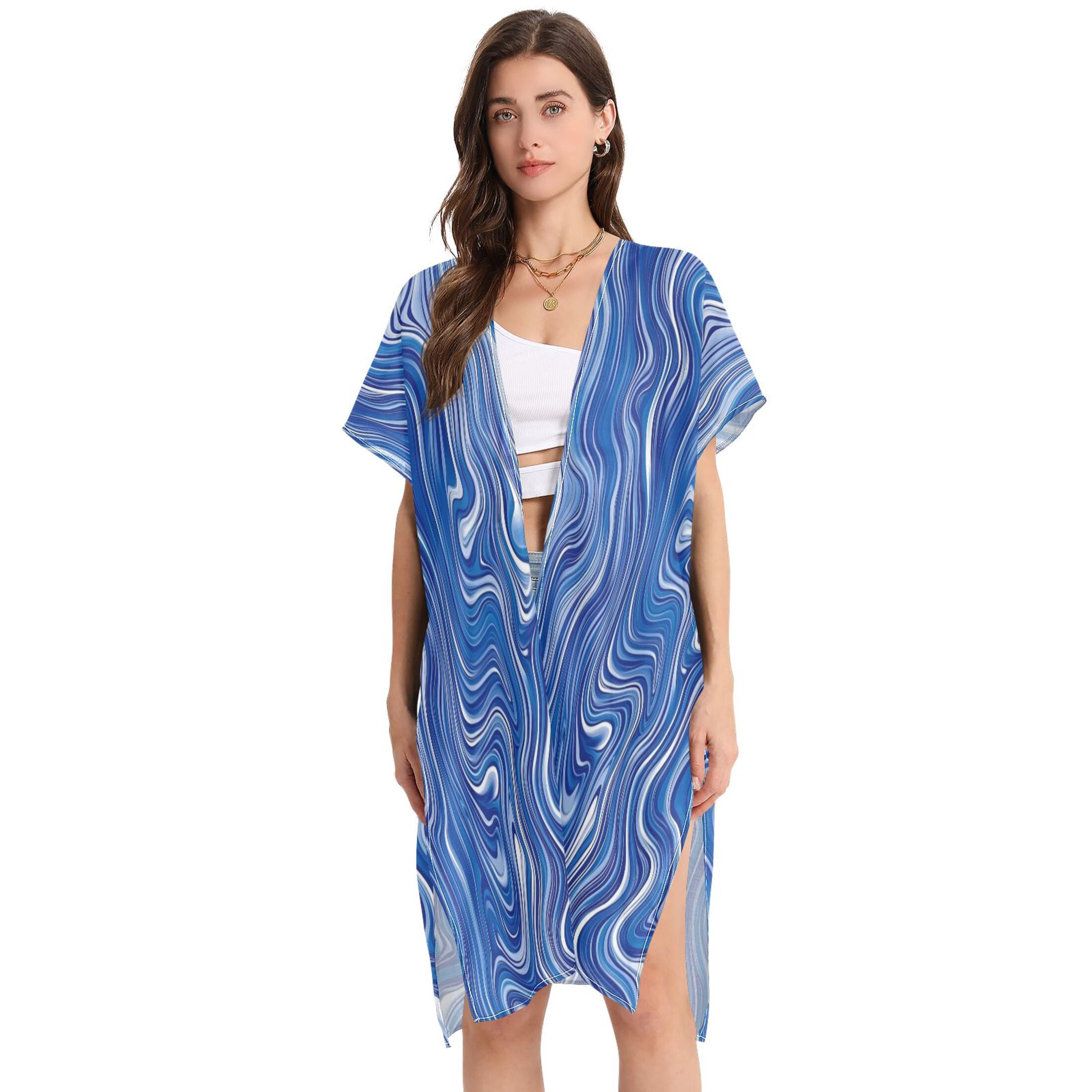 Blue Swirl Pattern Women's Swimwear Cover Up Summer Cardigan Beach Pool ...