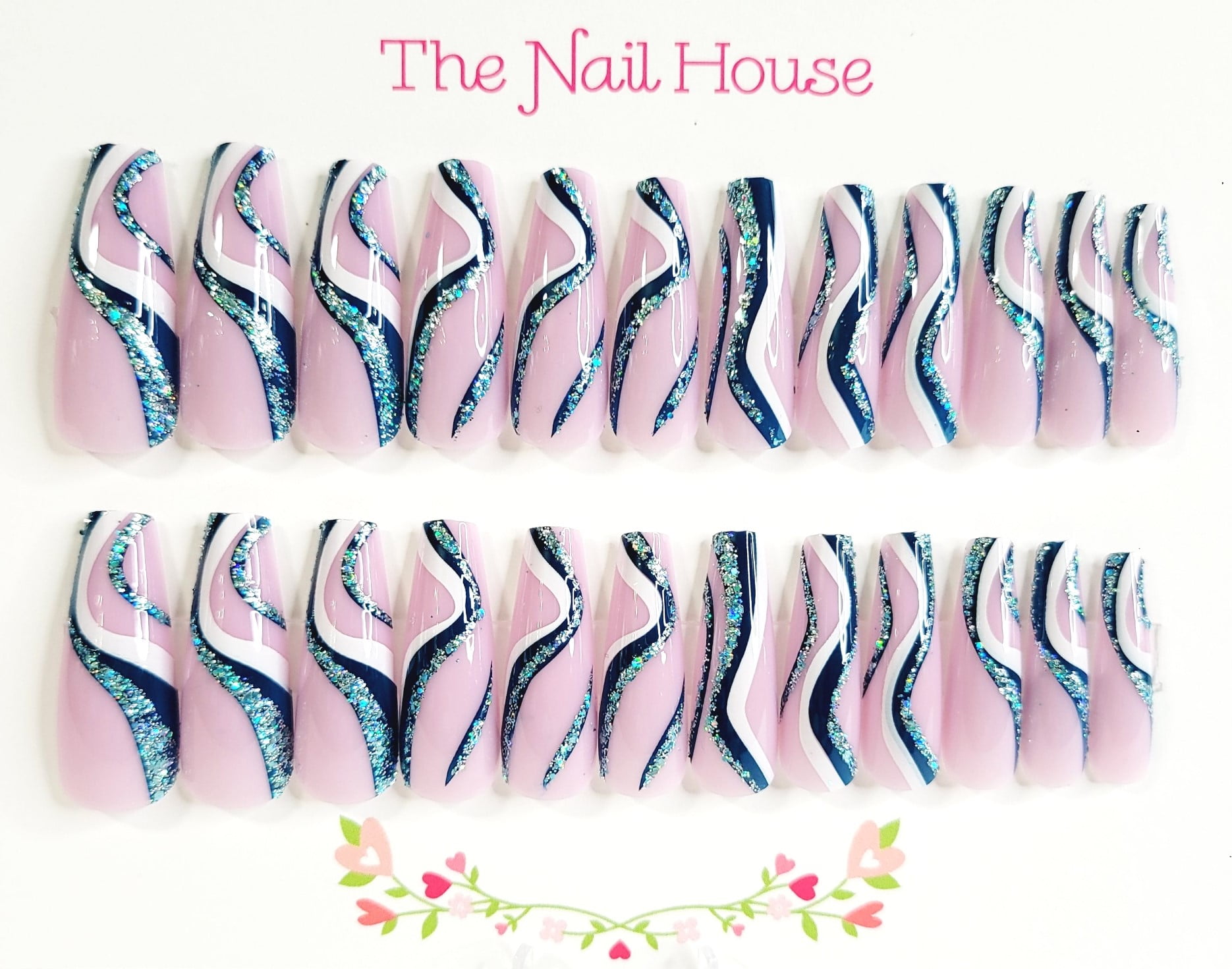 Blue Swirl Sparkle Long Coffin Press-On Nails By The Nail House NH - 24 ...