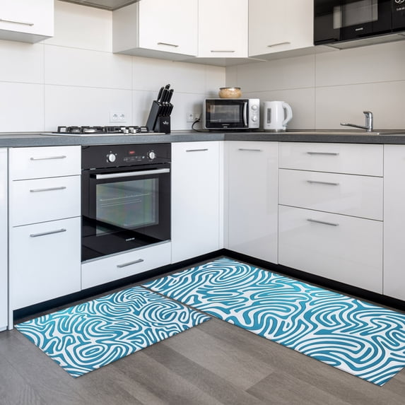 Blue Swirling Lines 2 Pieces Non-Slip Kitchen Mat Set, Curves Waves ...