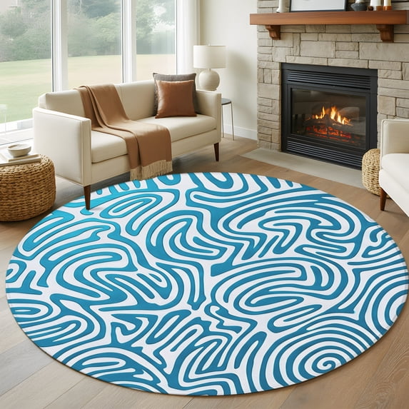 Blue Swirling Lines 8FT Round Area Rugs for Living Room Curves Waves ...