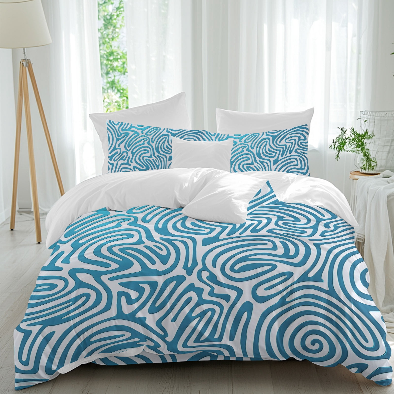 Blue Swirling Lines Comforter Set California King Size, Curves Waves ...