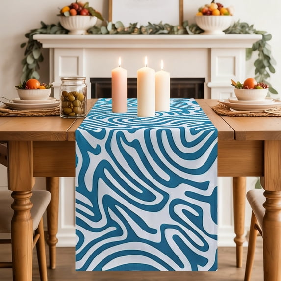 Blue Swirling Lines Dining Table Runner, Curves Waves Modern Abstract ...