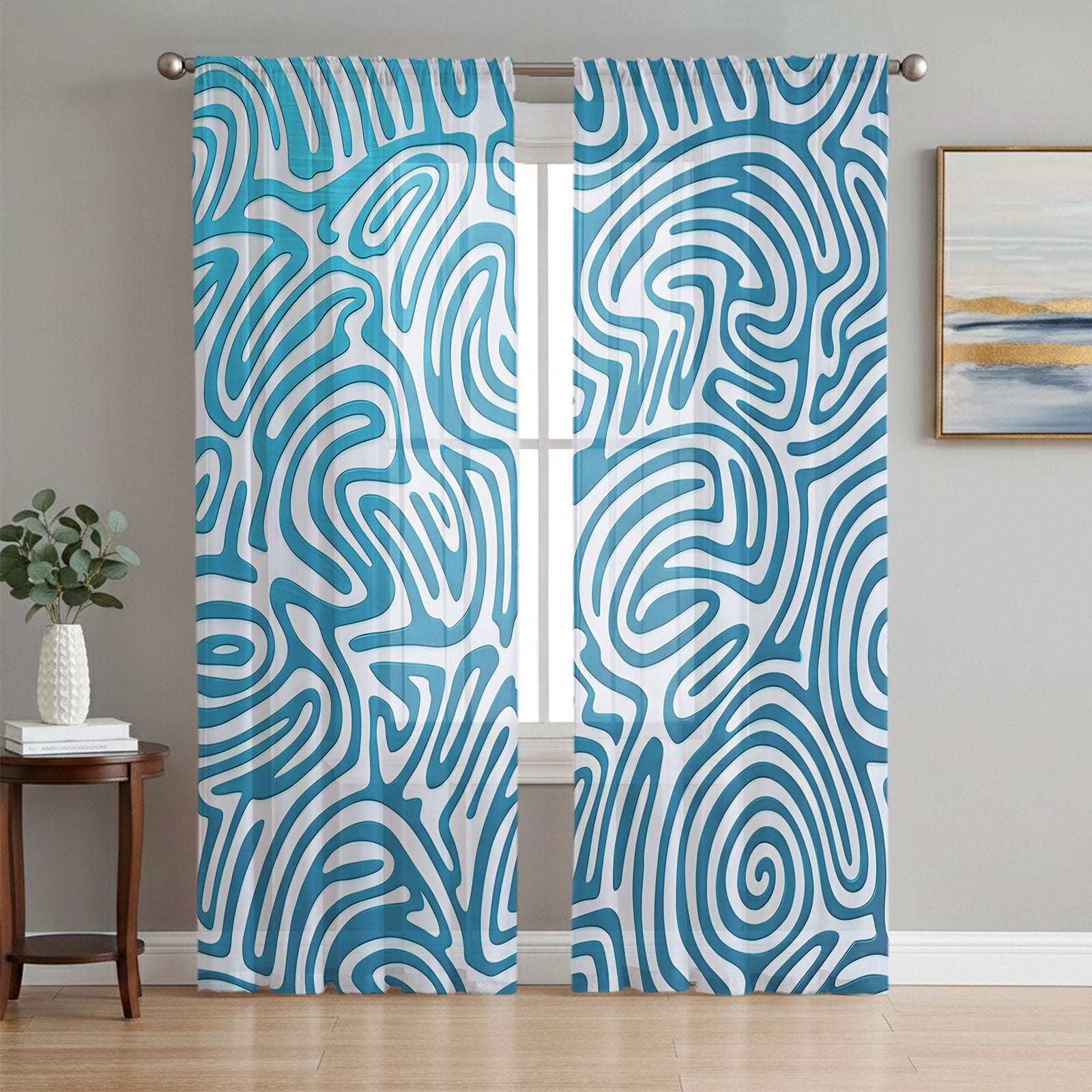 Blue Swirling Lines Sheer Curtains for Living Room Bedroom, Curves ...