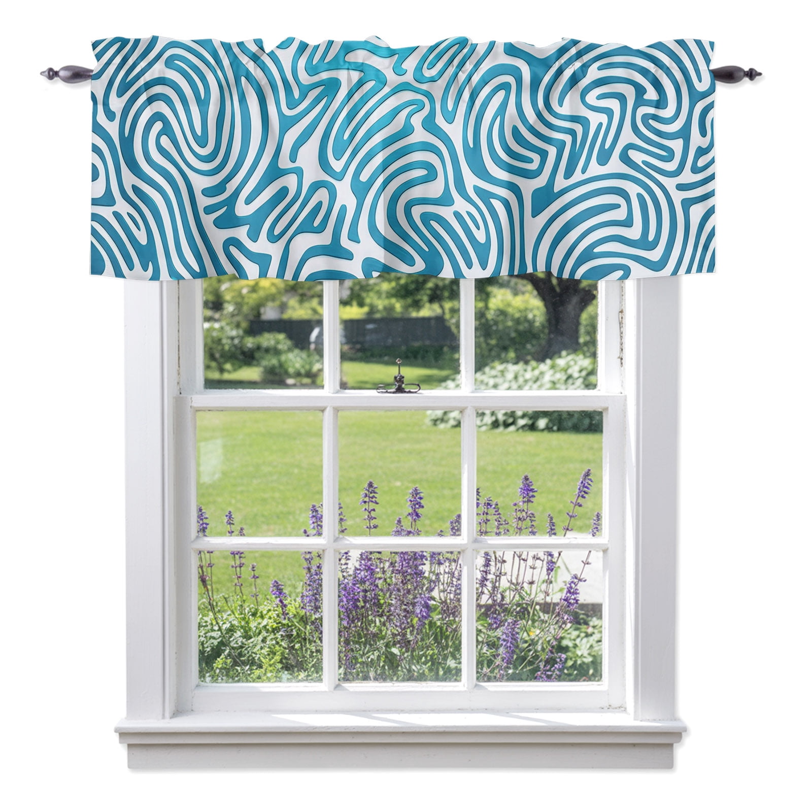 Blue Swirling Lines Valance Curtain 1 Panel, Curves Waves Modern ...
