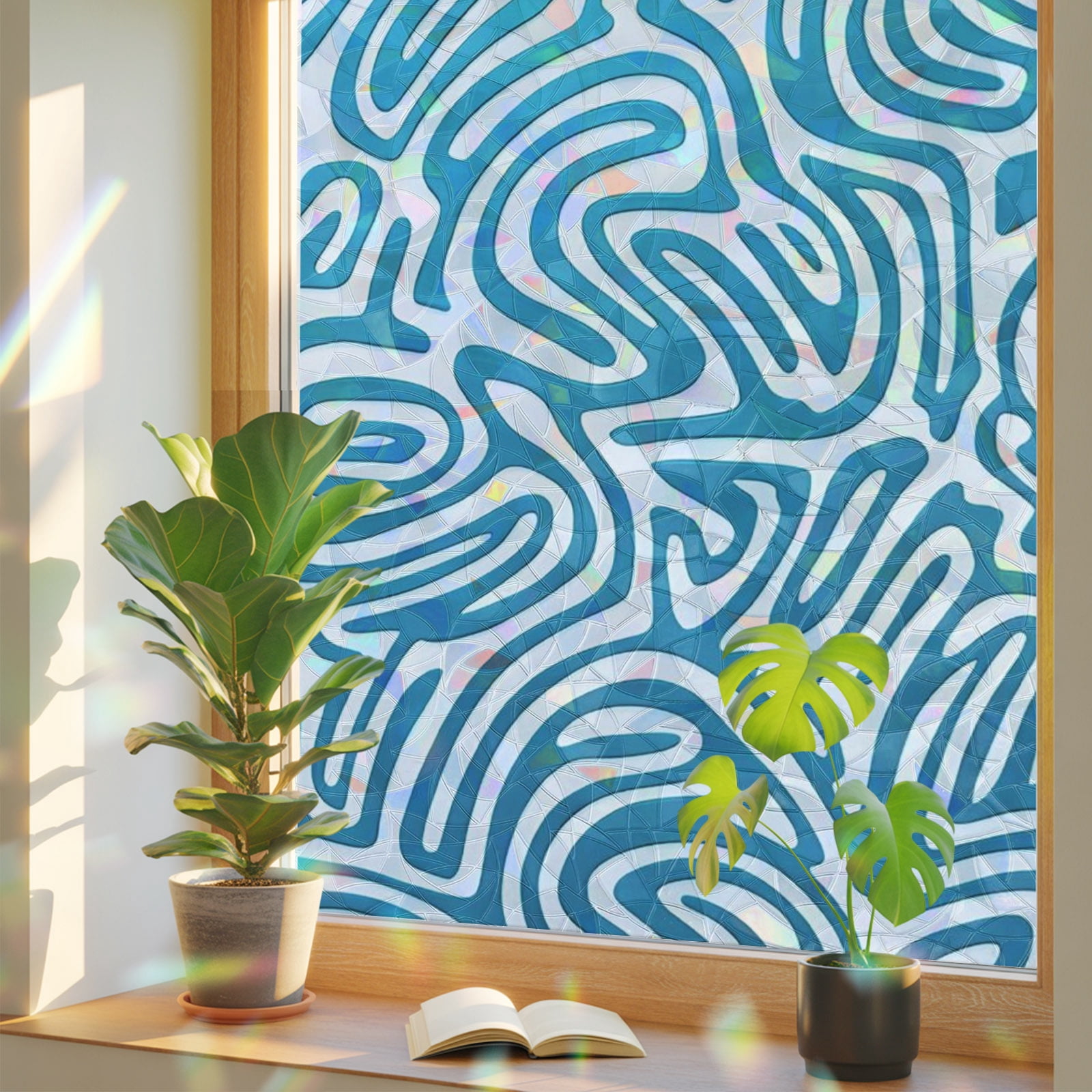 Blue Swirling Lines Window Privacy Film, Curves Waves Modern Abstract ...