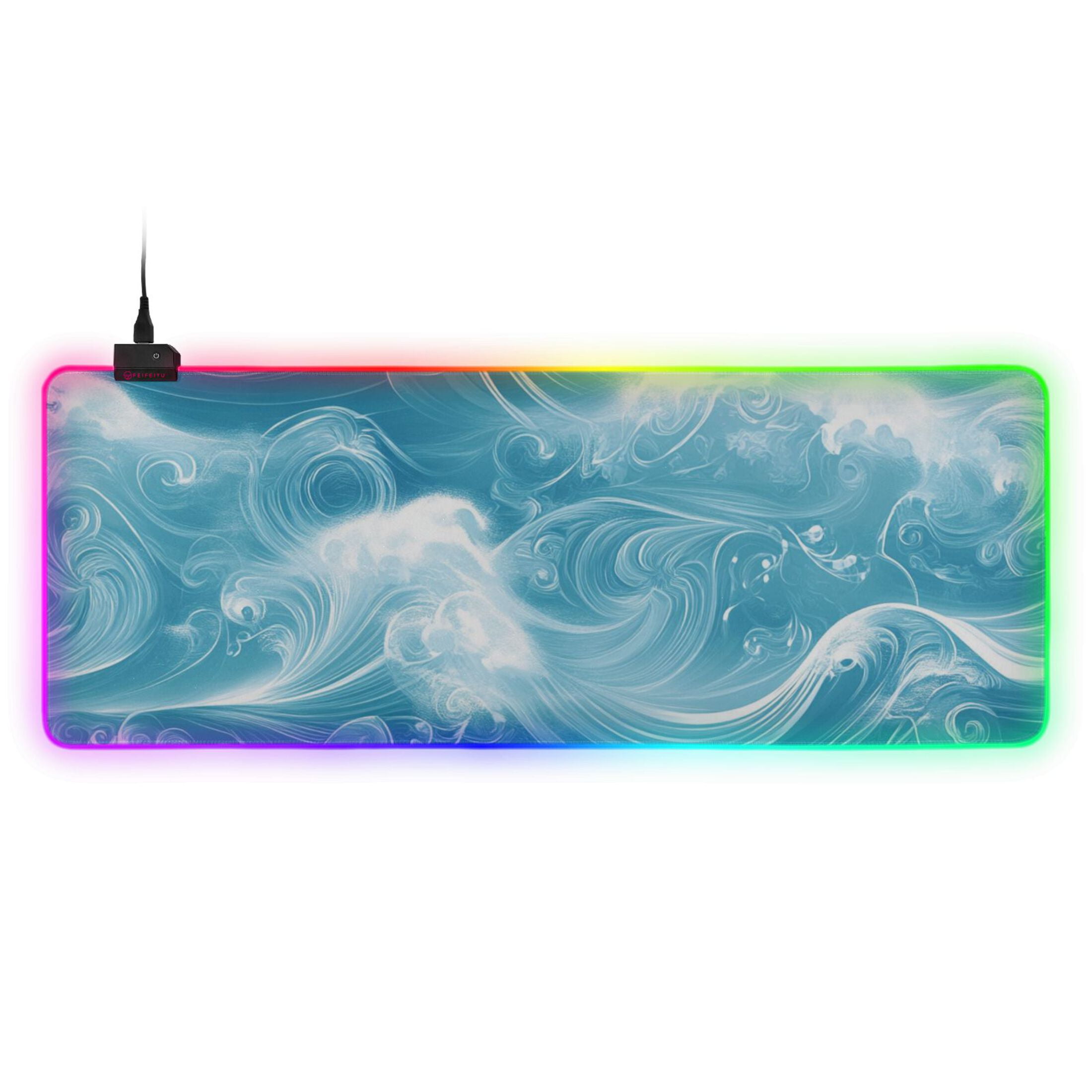 Blue Swirling Waves RGB Gaming Mouse Pad Large Keyboard Mat Rubber Base ...