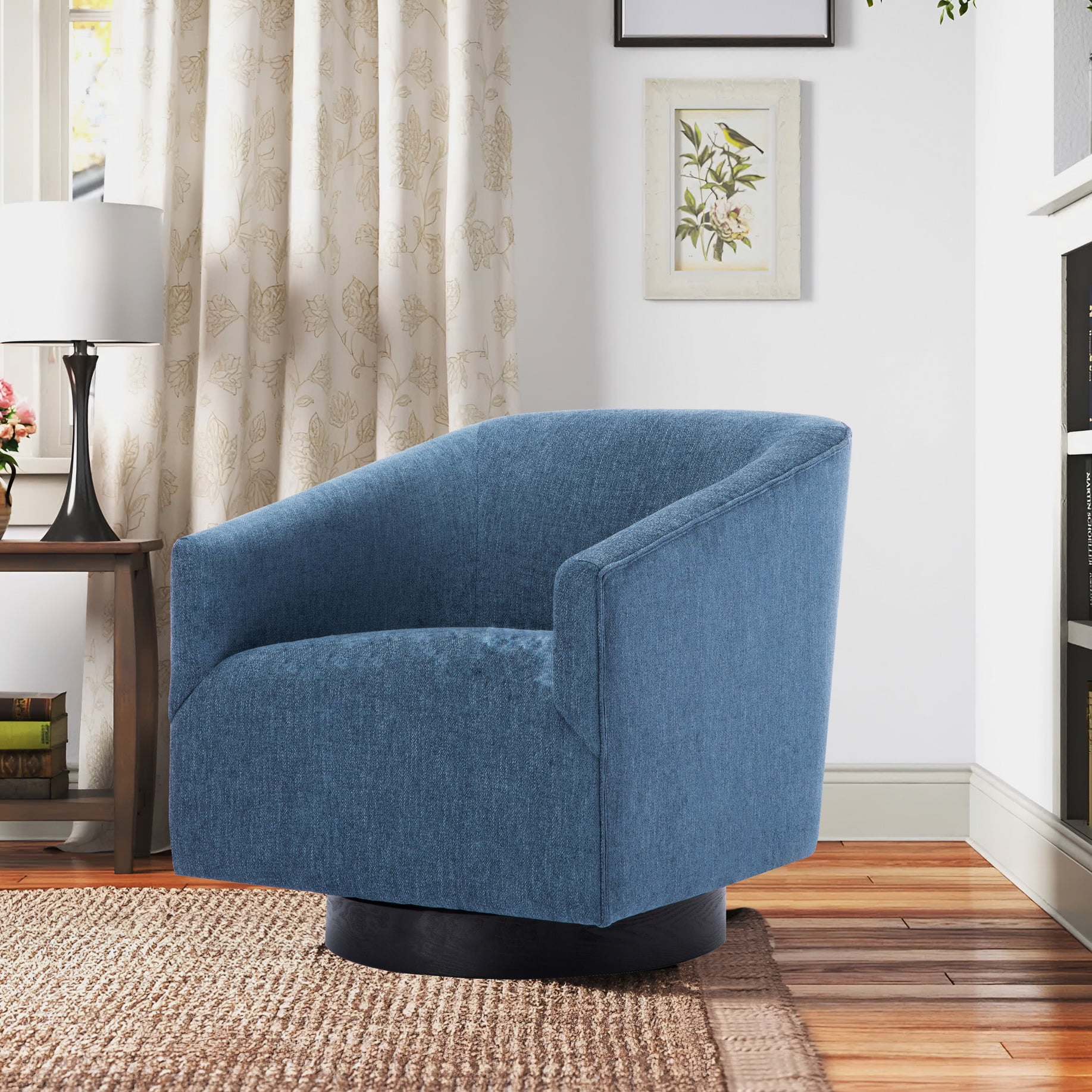 Blue Swivel Chair With Solid Wood - Easy Clean Fabric, 30.36"h Product ...