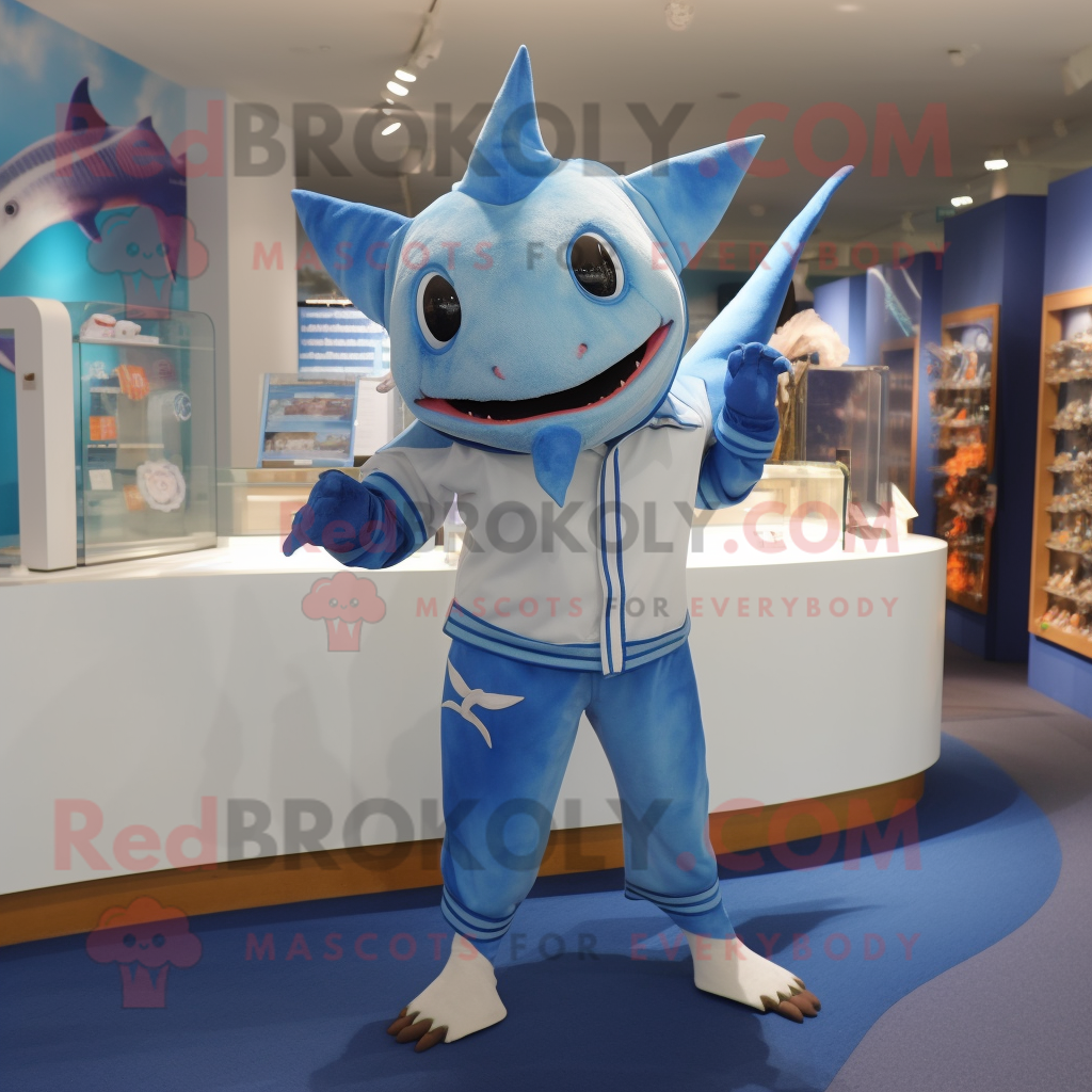 Blue Swordfish REDBROKOLY mascot costume character dressed with a ...