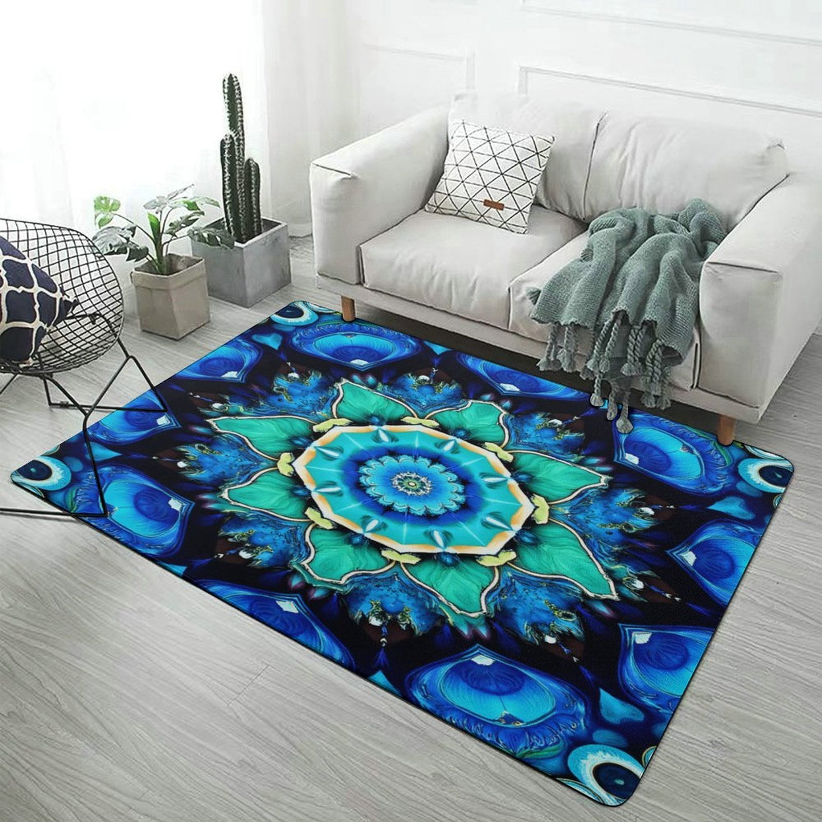 Blue Symmetrical Floral Pattern Home Decor Living Room Carpet Non-slip ...