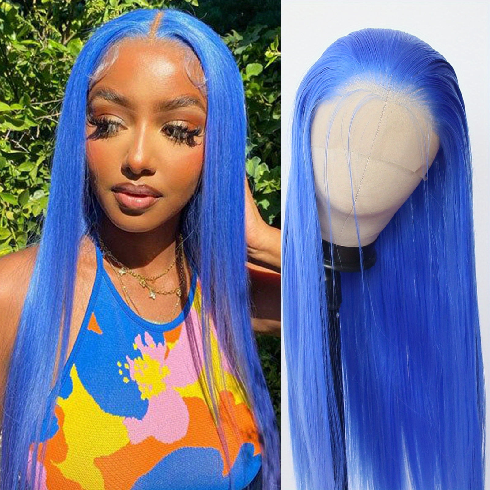 Blue Synthetic Lace Front Wig Long Straight Dark Blue Lace Front ...