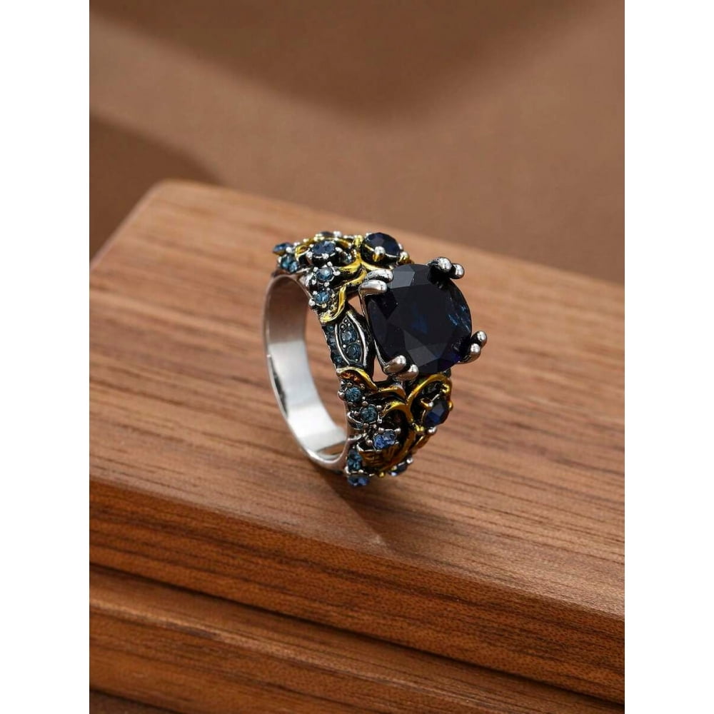 Blue Synthetic Zirconia Ring With Silvertone Band And Goldtone Vine ...