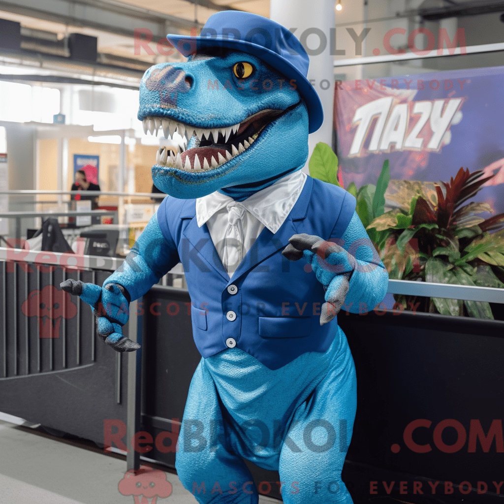 Blue T Rex REDBROKOLY mascot costume character dressed with a Culottes ...