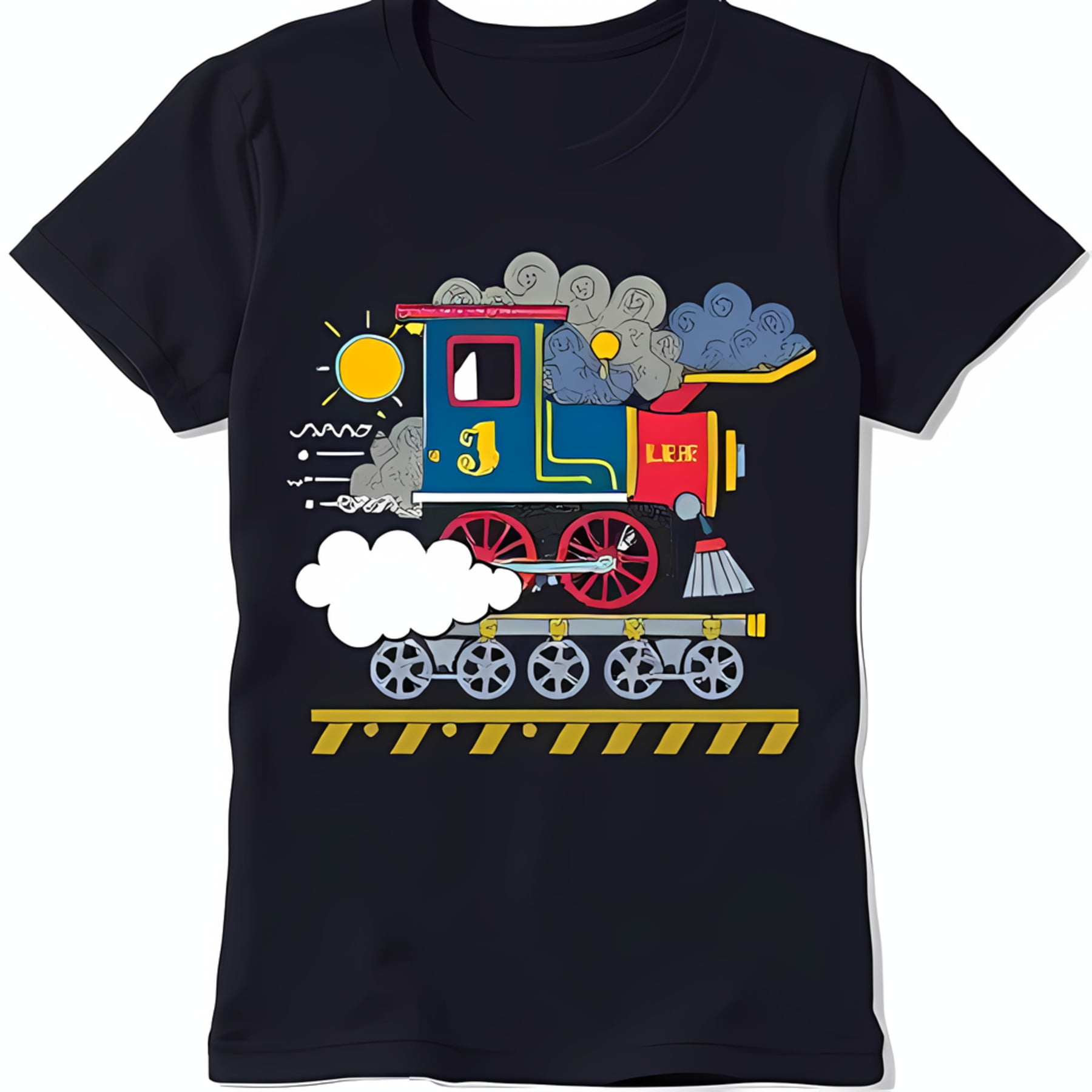 Blue T-Shirt with Cartoon Engine Sign and Sun Design - Walmart.com