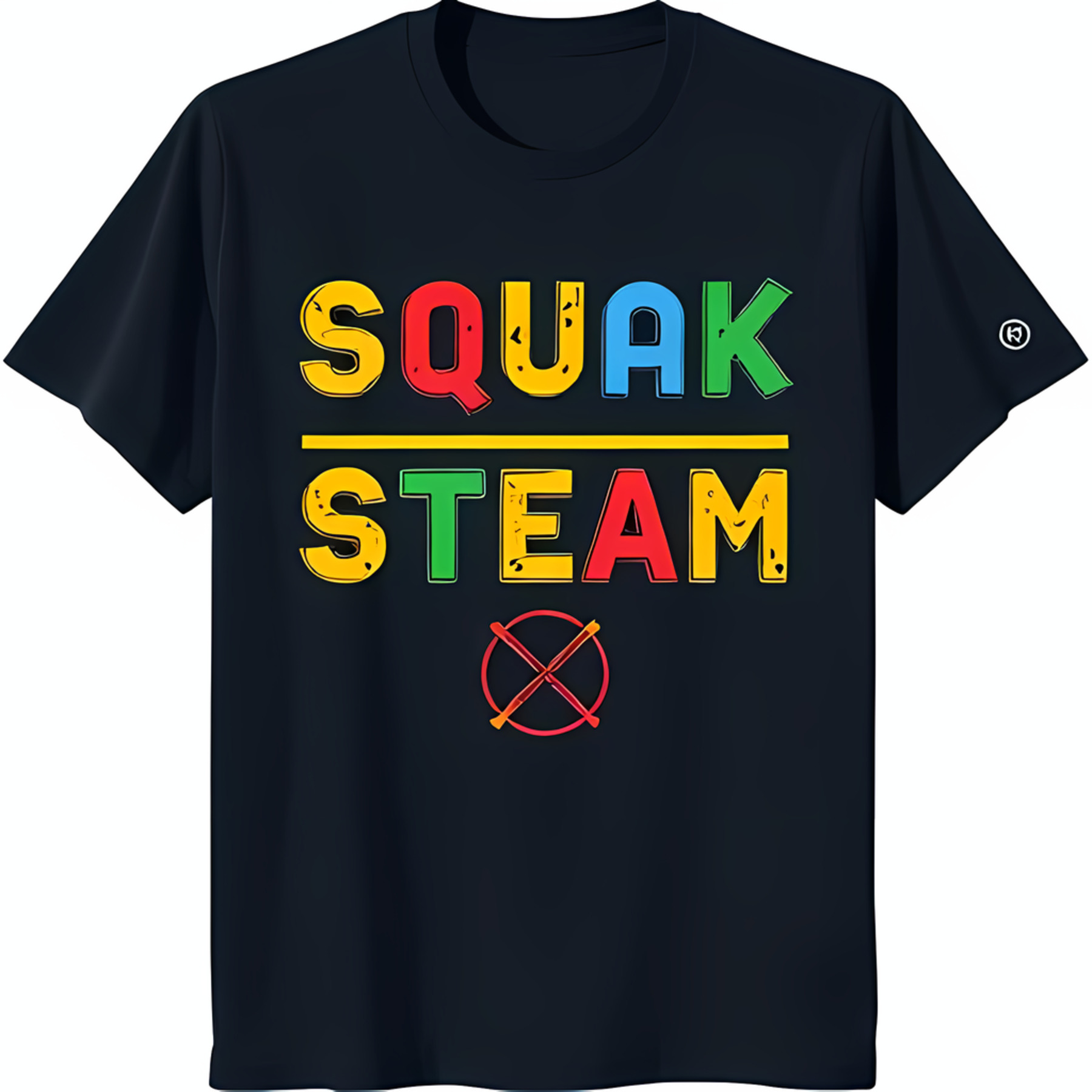 Blue T-Shirt with Colorful SQUAK Design & Red Drumsticks Graphic ...