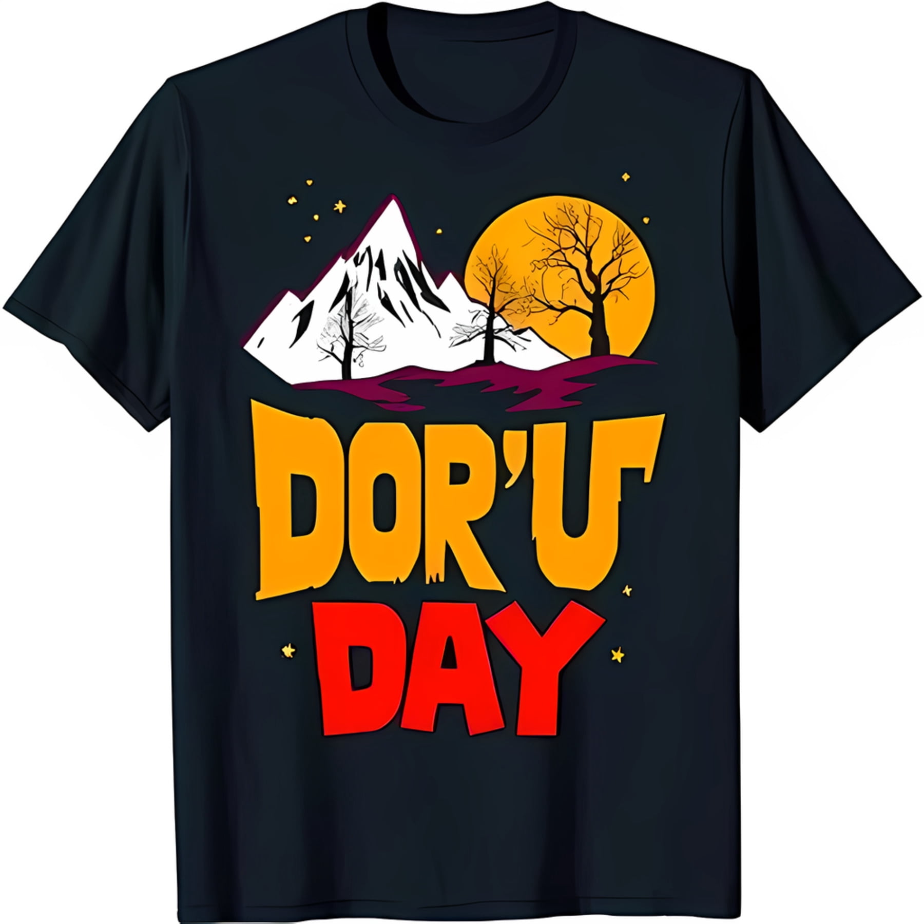 Blue T-Shirt with Mountain Range Design Silhouetted Trees & 'DOR'U DAY ...