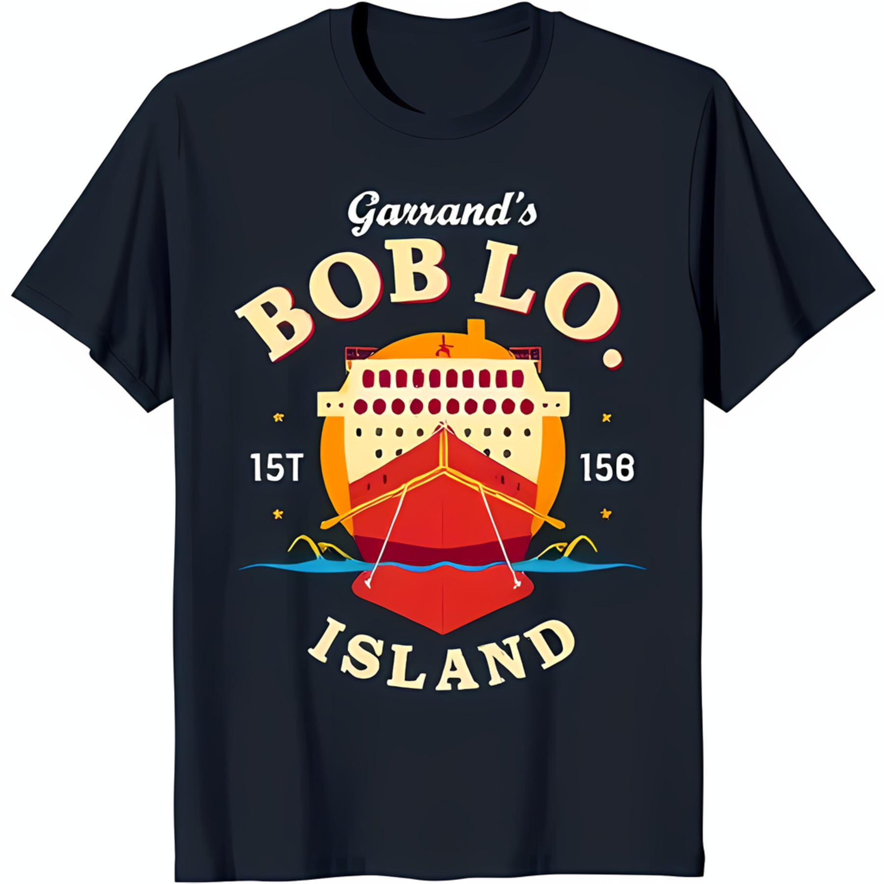 Blue T-Shirt with Ship Design and 'Garrand's Bob Lo Island' Graphic ...