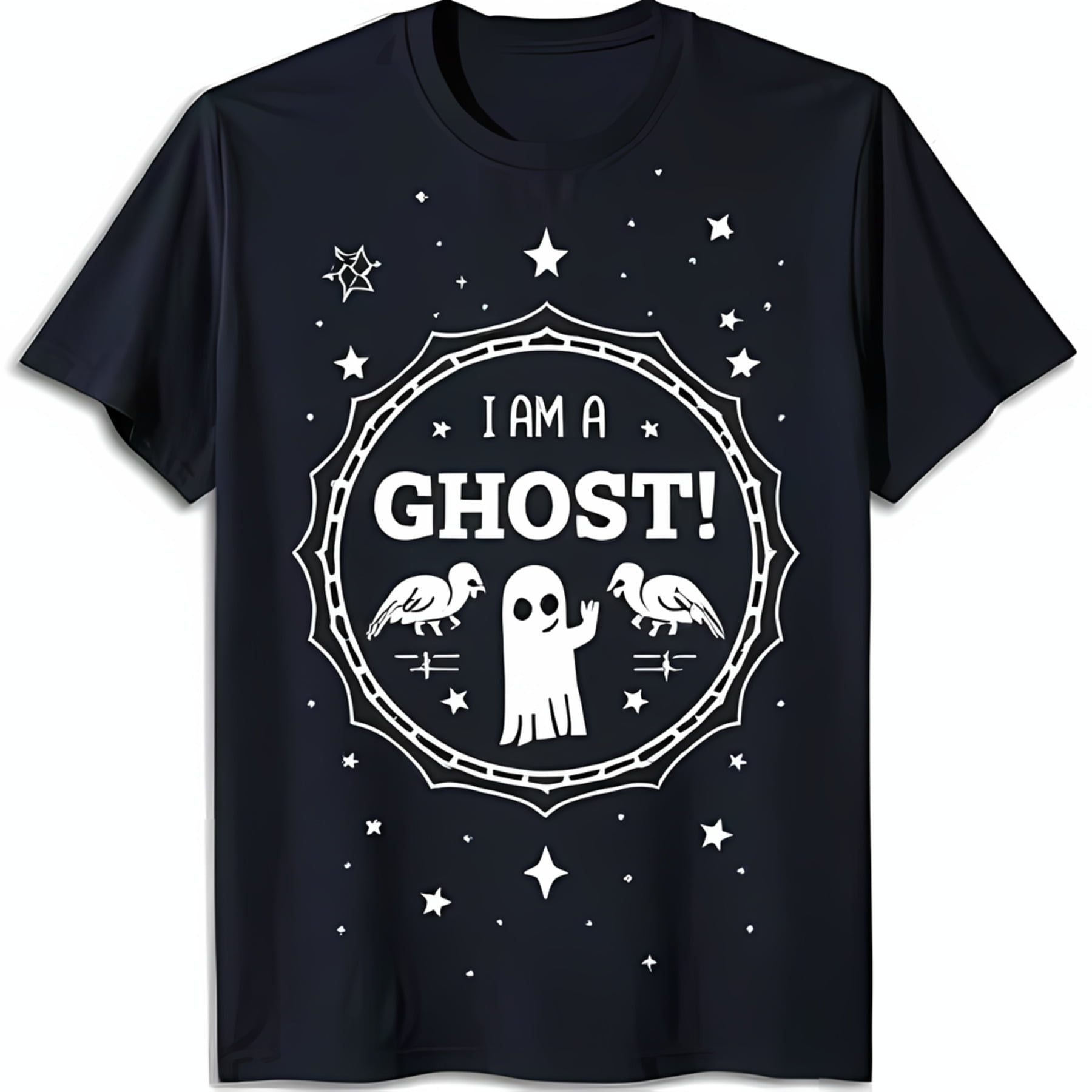 Blue T-Shirt with White Ghost and Birds Design 'I AM A GHOST ' with ...