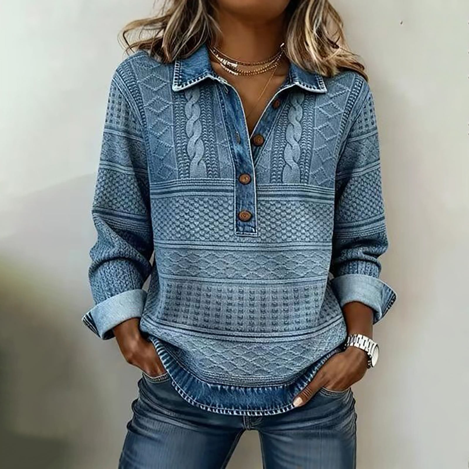 Blue T Shirts for Women Denim Sweater for Women Collar Button Up ...