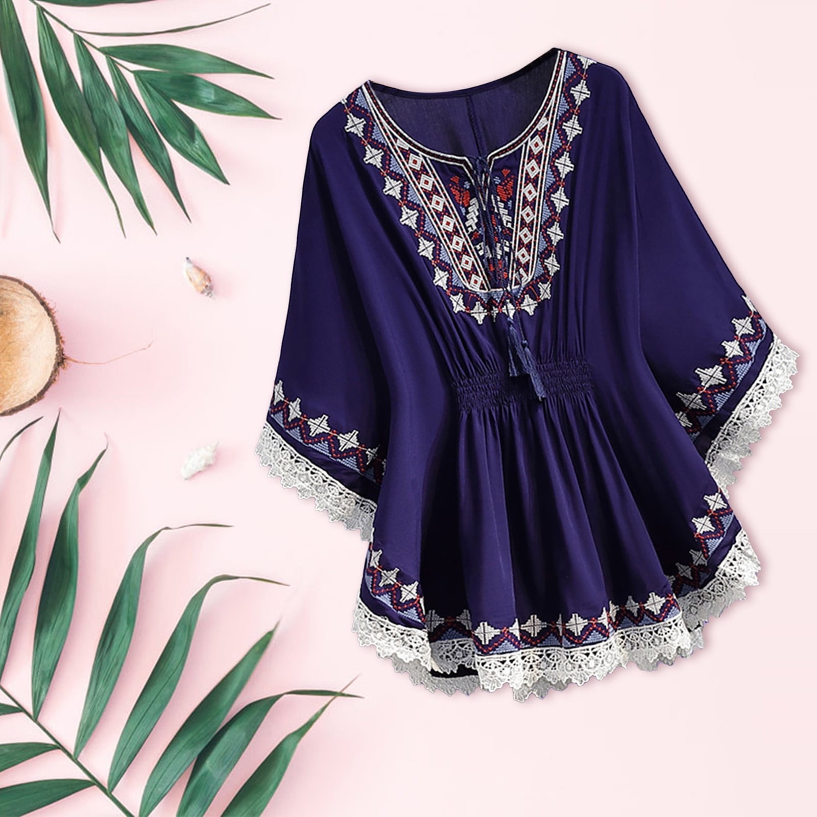 Blue T Shirts for Women'S Top Bohemian Style Vintage Embroidered Top T ...