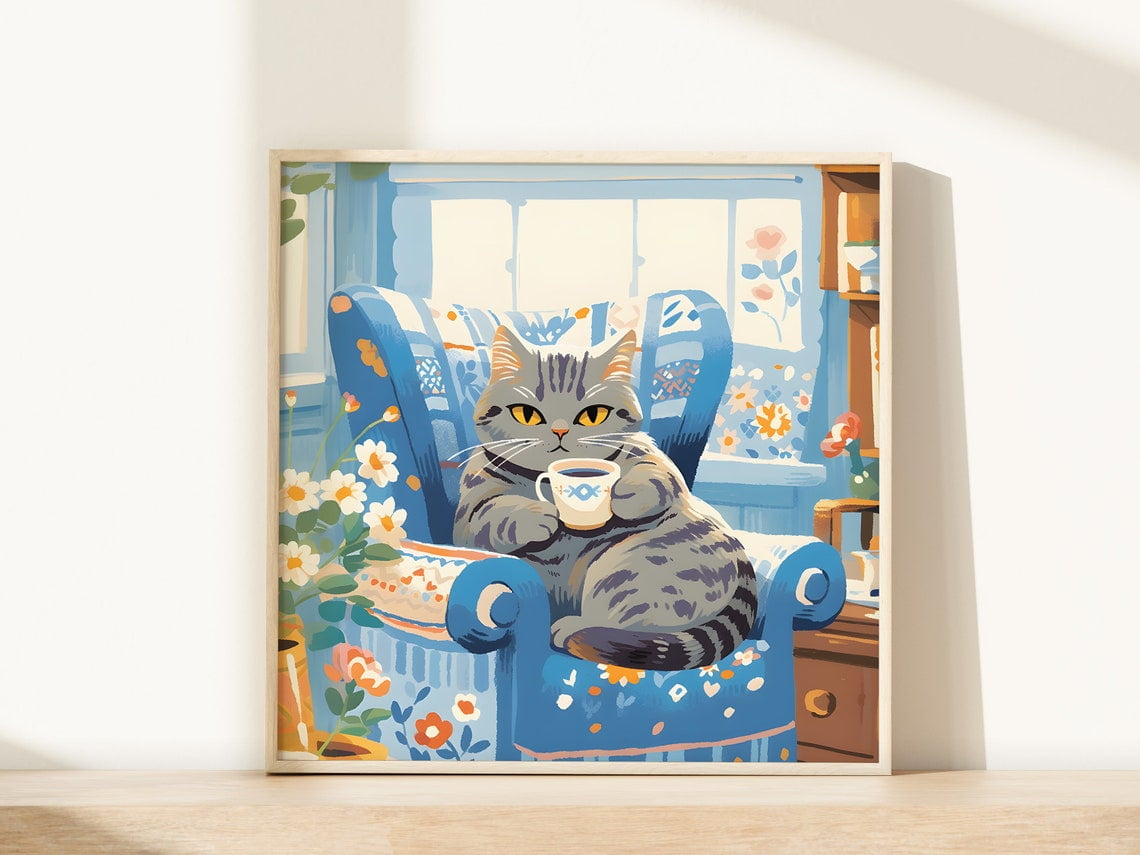 Blue Tabby Cat Wall Print – Tea Time Posters For Cat Lovers, Grey Tabby ...