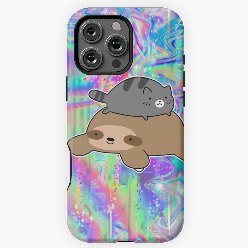 Blue Tabby Cat and Sloth Rainbow Cute iPhone Case 11 12 13 14 15 16 17 ...