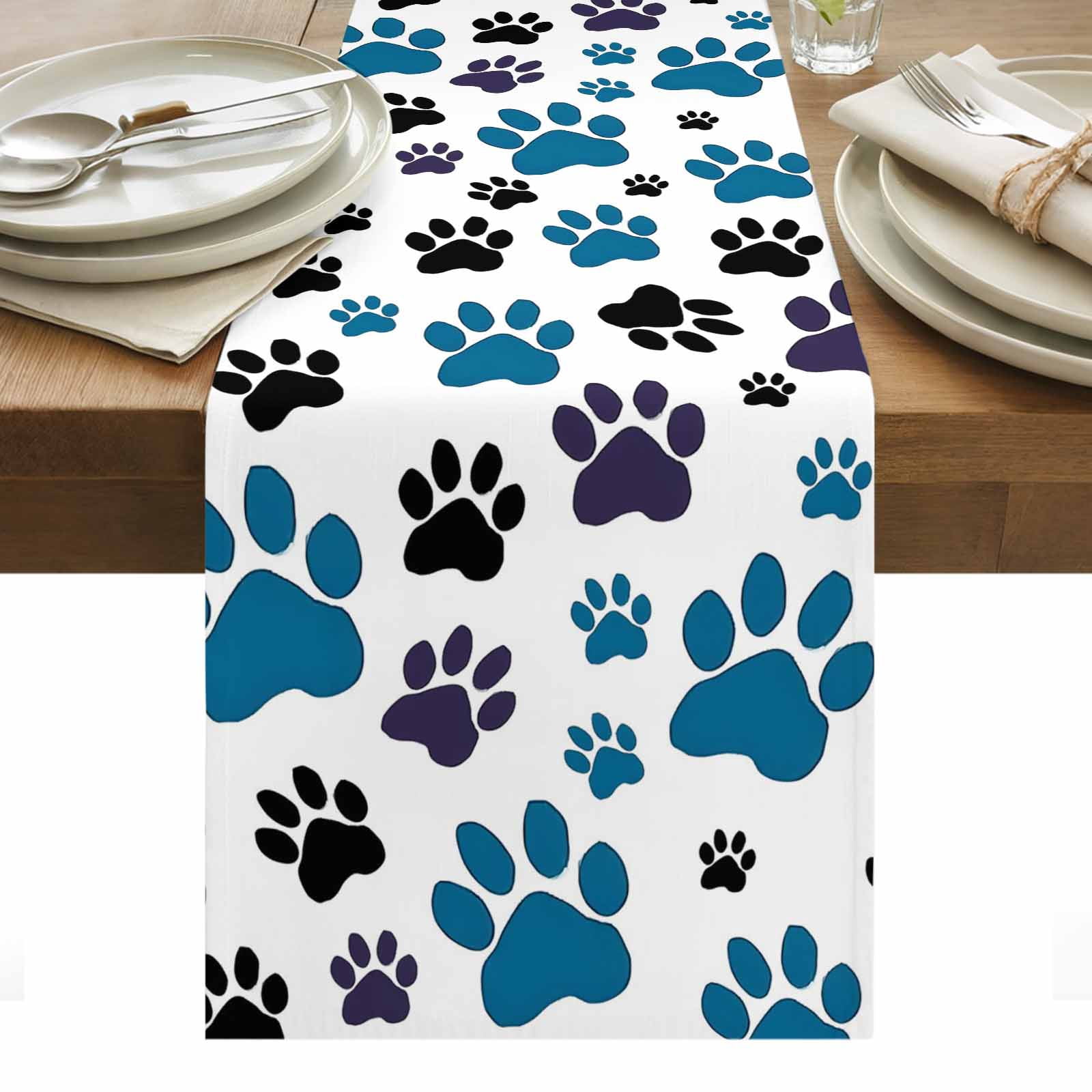 Blue and Table Runner 13 x 90 Inch, Black Dog Paw Print Washable Cotton ...
