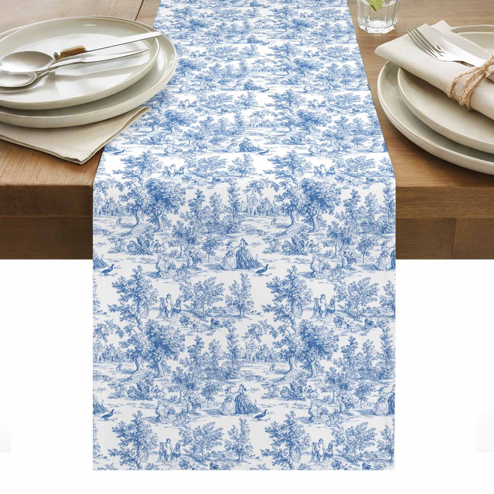 Blue Table Runner 16 x 72 Inch, Cycling Pattern Washable Cotton Linen ...