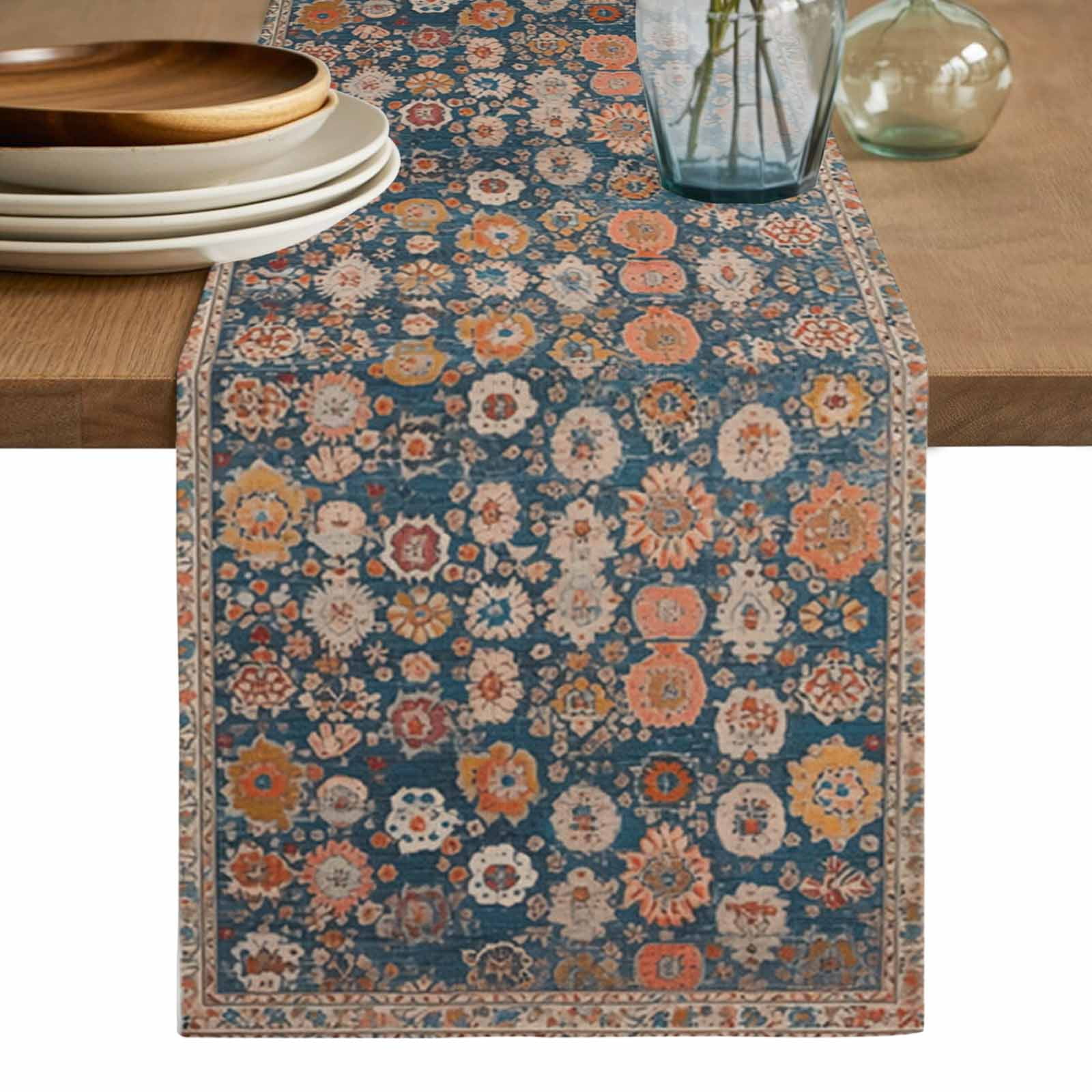 Blue Table Runner, Ethnic Modern Geometric Abstract Art Washable Cotton ...