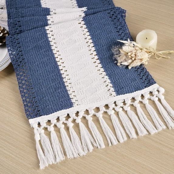 Blue Table Runner for Home Decor with Tassels 72 Inches Long Farmhouse ...
