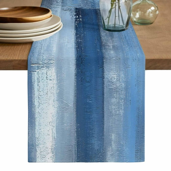 Blue Table Runner, Ombre Oil Painted Retro Abstract Art Modern Washable ...