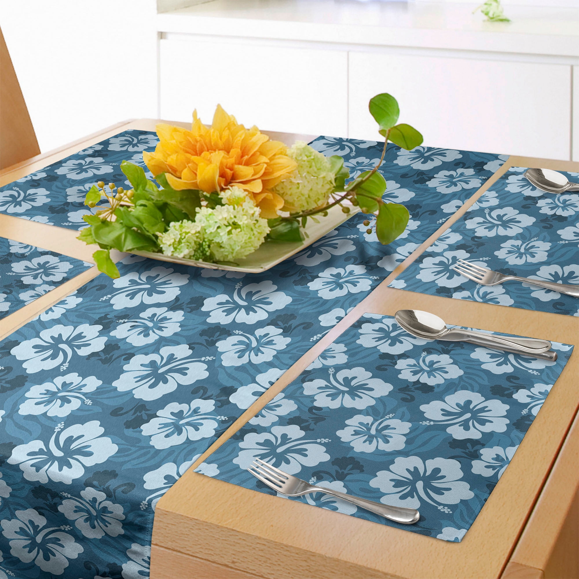 Blue Table Runner & Placemats, Pattern of Hawaiian Hibiscus Flowers and ...