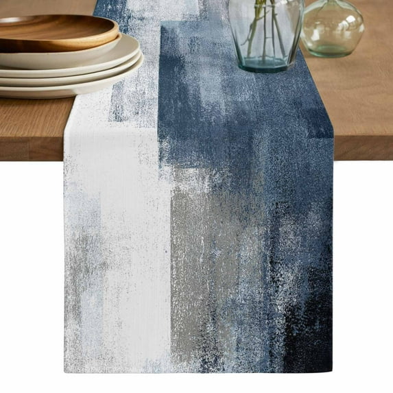 Blue Table Runner, Retro Oil Painted Modern Abstract Art Washable ...