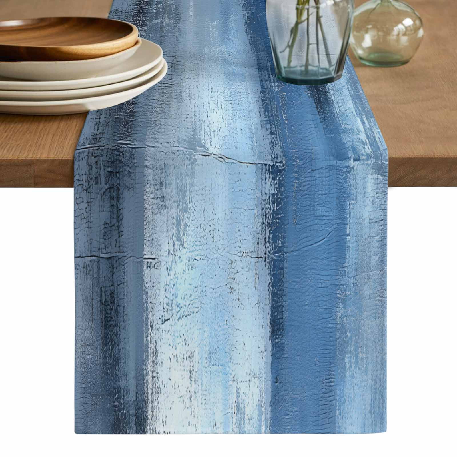 Blue Table Runner, Vintage Modern Ombre Oil Painted Abstract Art ...