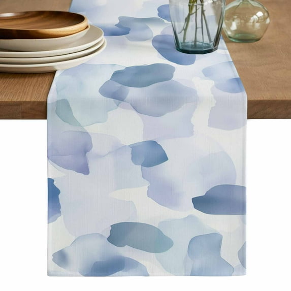 Blue Table Runner, Watercolor Abstract Geometric Art Washable Cotton ...