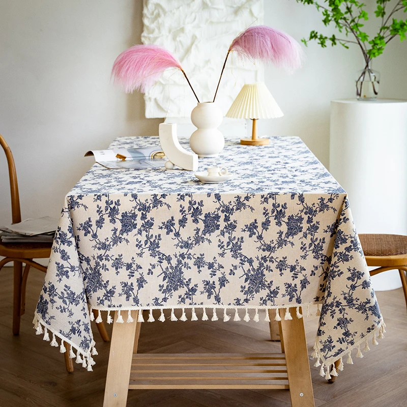 Blue Tablecloths Bohemian Floral Fabric Tassel Rectangle Dust-Proof for ...