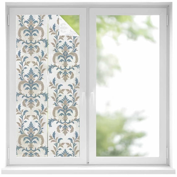 Blue Tan Flower Window Privacy Film, Abstract Vintage Ethnic Tribal ...