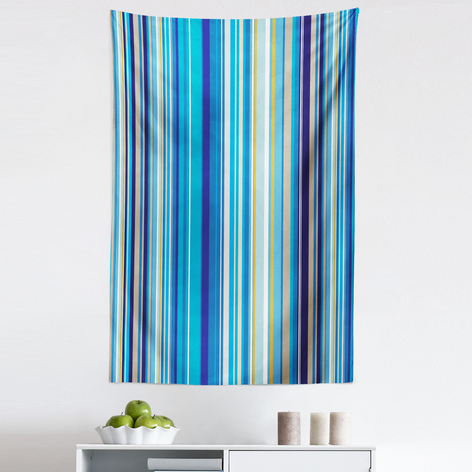 Blue Tapestry, Vertical Stripes Repeating Retro Revival Pattern Funky ...